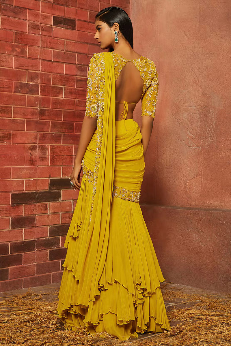 Online Shop Cutdana Embroidered Georgette Layered Mustard Yellow Saree ...