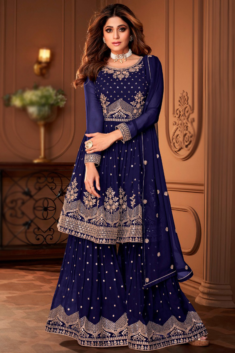 Embroidered Georgette Navy Blue Sharara Suit LSTV120086