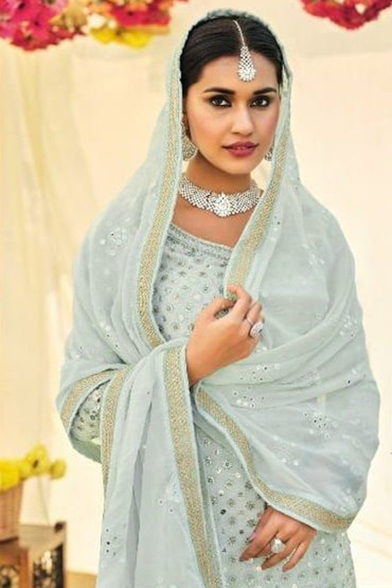 New Arrival Embroidered Georgette Powder Blue Sharara Suit LSTV117692