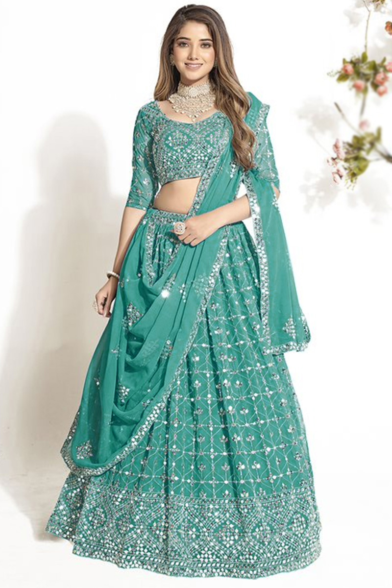 Embroidered Georgette Turquoise Blue Flared Lehenga LLCV118445