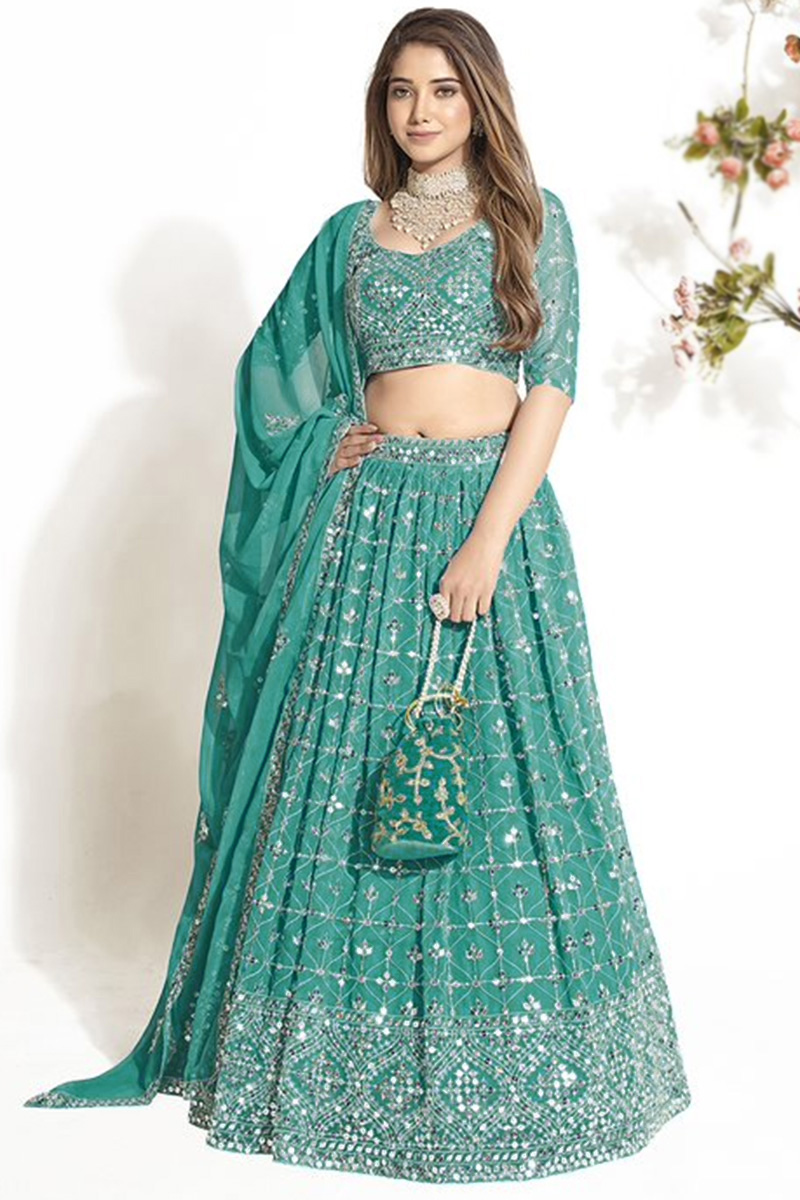 Embroidered Georgette Turquoise Blue Flared Lehenga LLCV118445