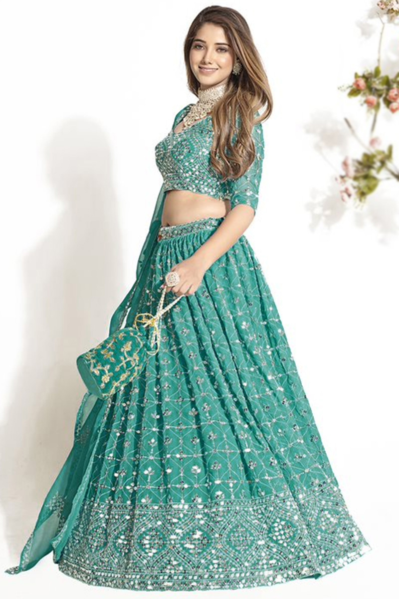 Embroidered Georgette Turquoise Blue Flared Lehenga LLCV118445
