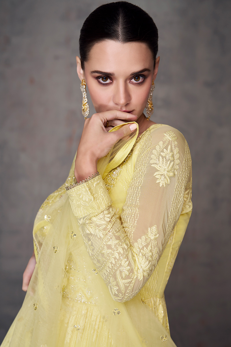 Embroidered Light Yellow Georgette A-line Anarkali Suit LSTV127200