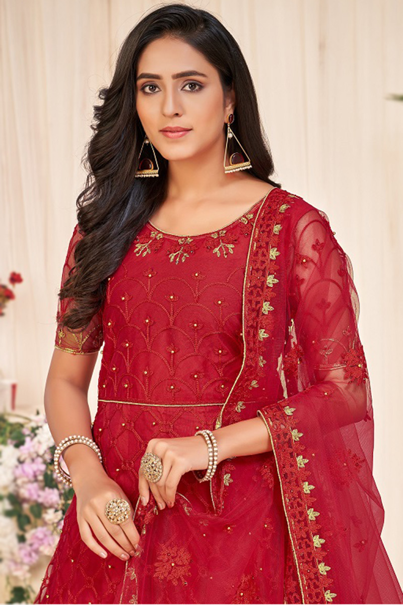 Embroidered Net Cherry Red Anarkali Suit LSTV121944