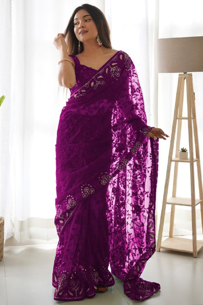 Embroidered Net Plum Purple Heavy Saree |SARV171539