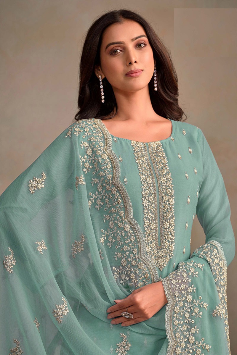 Embroidered Powder Blue Straight Cut Organza Trouser Suit LSTV129715