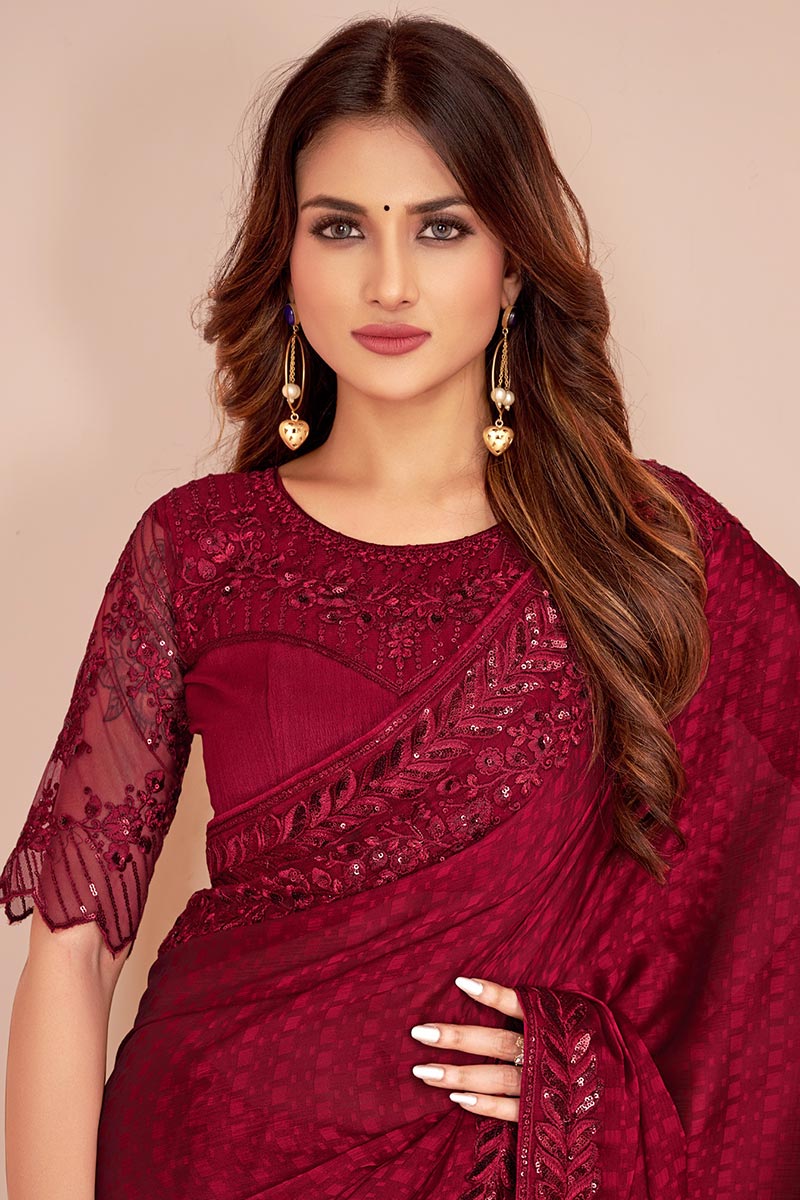 Wedding Collection Online Embroidered Satin Silk Maroon Saree|SARV137918