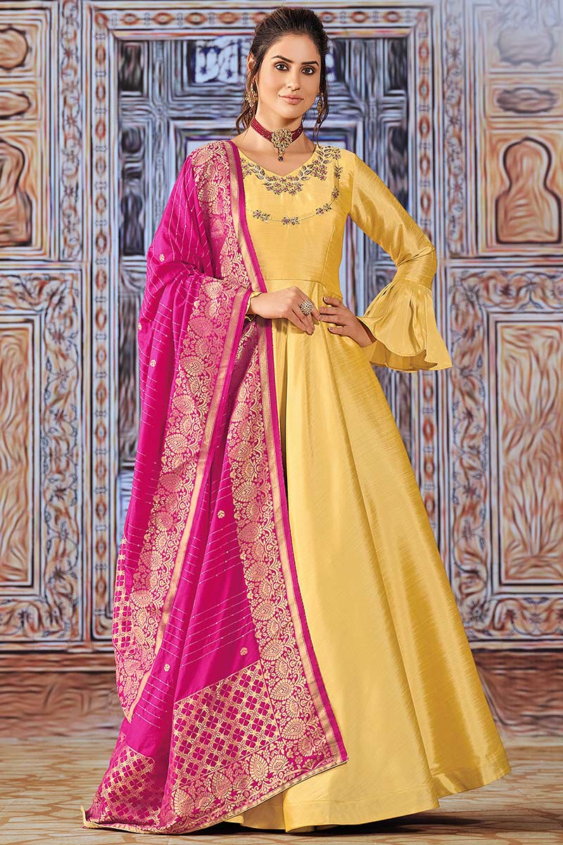 Buy Online Embroidered Mustard Yellow Anarkali Suit LSTV119390
