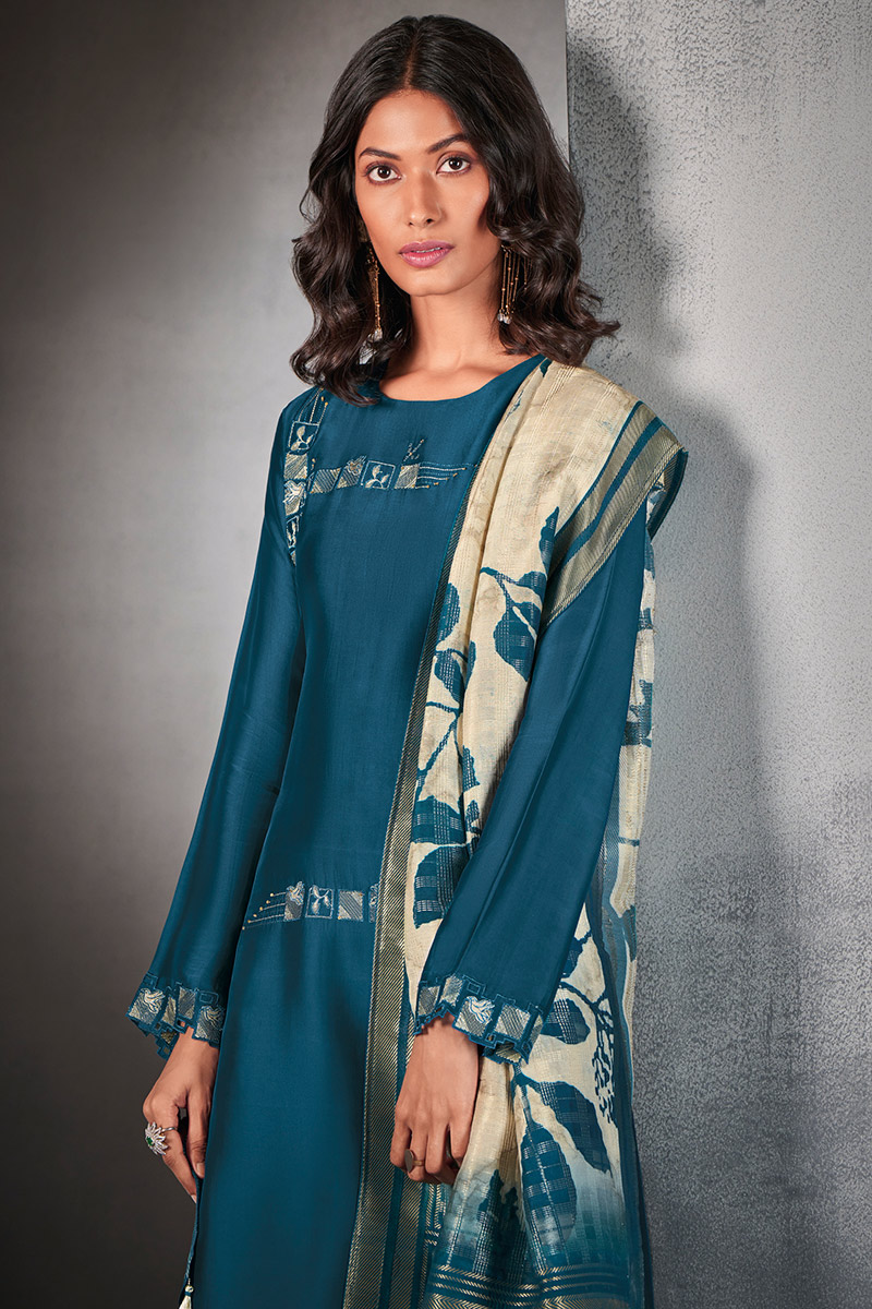 Embroidered Soft Silk Peacock Blue Suit With Straight Pants LSTV129049