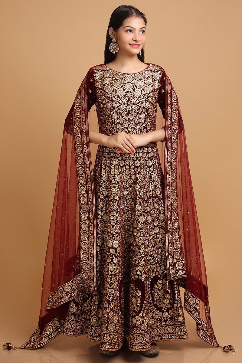 Embroidered Dark Maroon Anarkali Suit LSTV122333