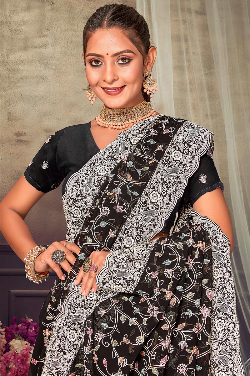 Georgette Black Resham Thread Embroidered Saree |SARV168226