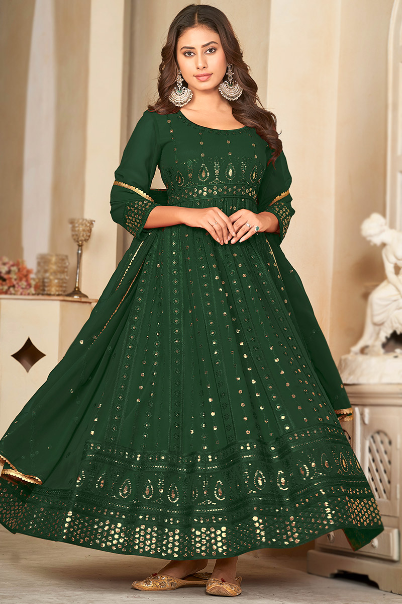 Georgette Dark Green Sequins Embroidered Anarkali Suit LSTV127875