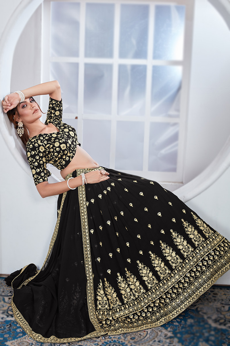 Georgette Embroidered Black Flared Lehenga LLCV119153