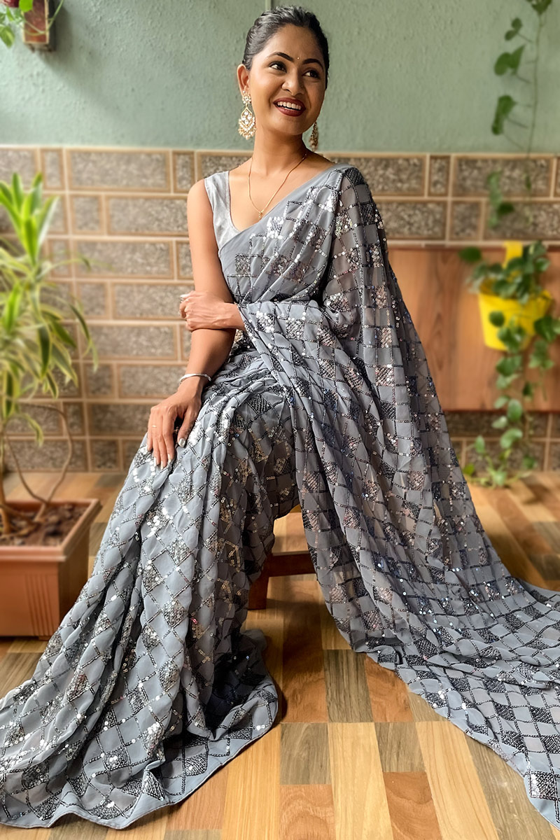 Georgette Light Grey Sequins Embroidered Heavy Saree|SARV171026