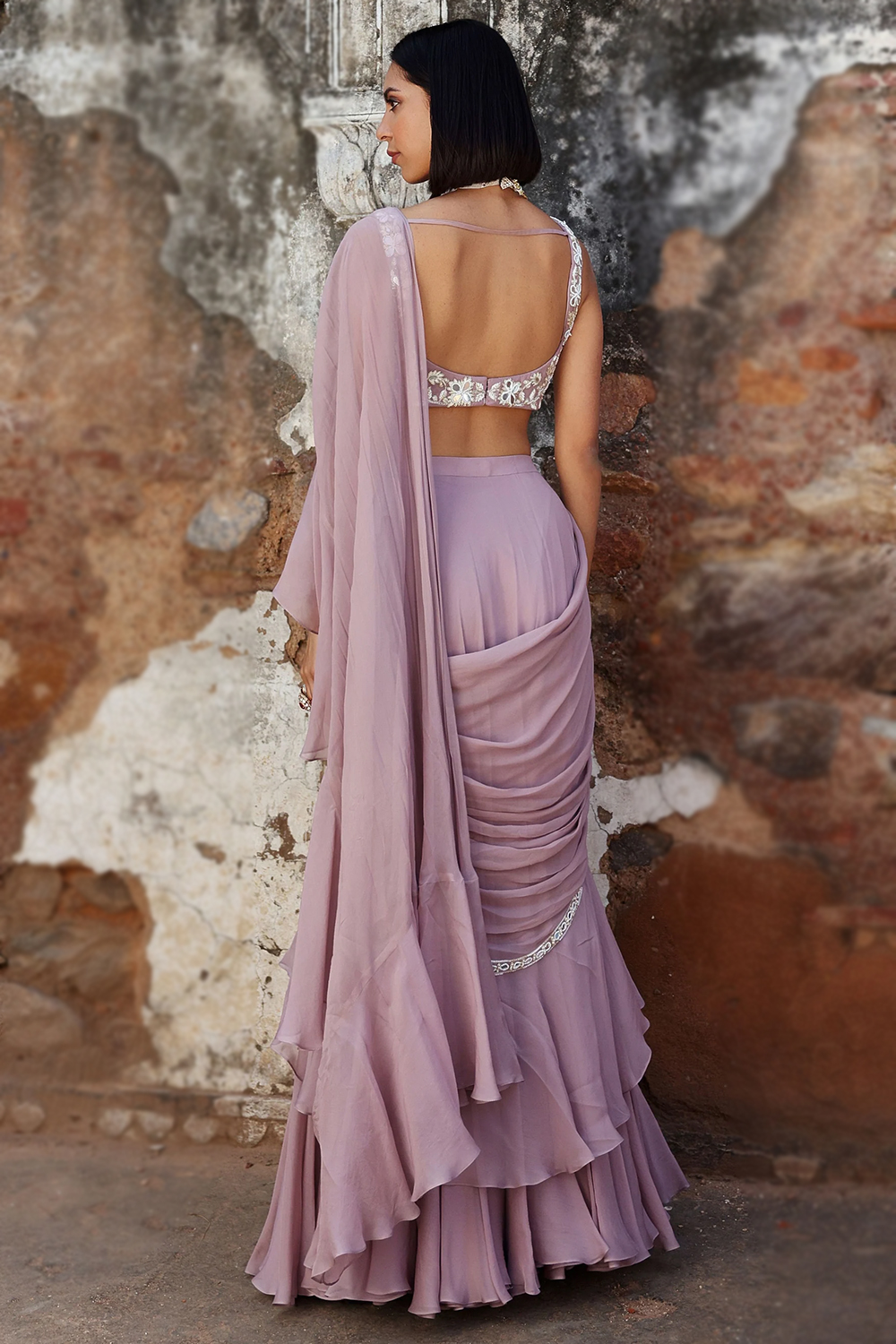 Georgette Light Purple Lace Embroidered Ruffle Saree SARV185312