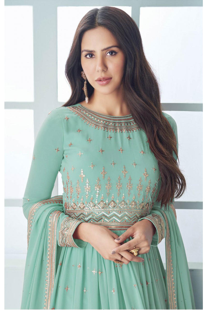 Georgette Mint Blue Anarkali Suit LSTV120949