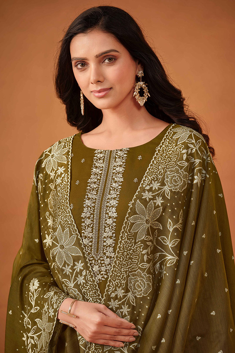 Georgette Olive Green Embroidered Straight Cut Trouser Suit LSTV129004