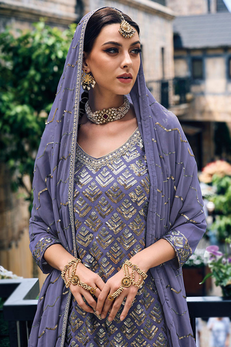 Georgette Pastel Dark Blue Embroidered Straight Cut Suit LSTV127805