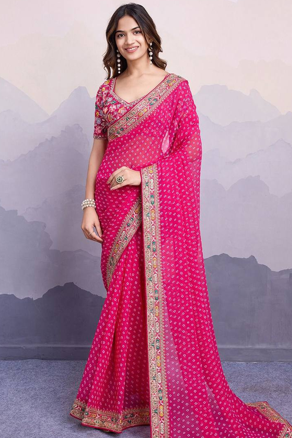 Georgette Ruby Pink Lace Embroidered Bandhej Saree SARV182394