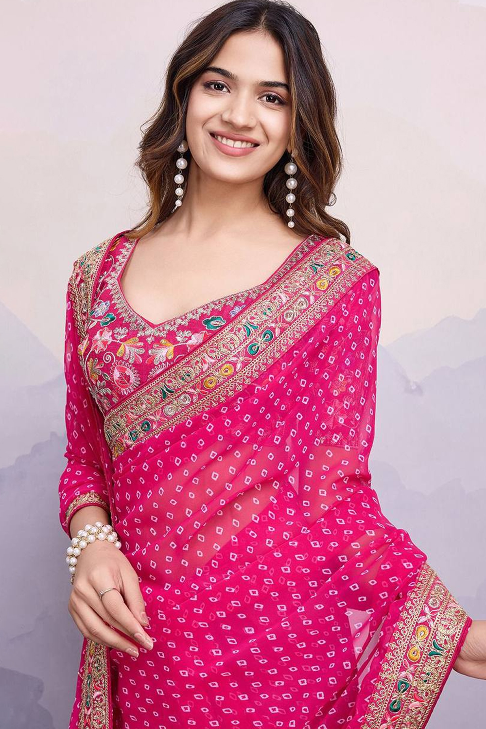 Georgette Ruby Pink Lace Embroidered Bandhej Saree SARV182394