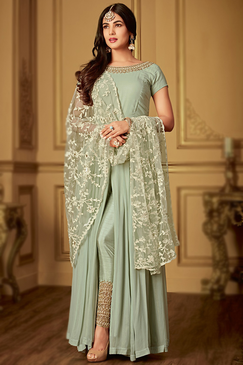 Georgette Sage Green Embroidered Front Slit Anarkali Suit LSTV130278