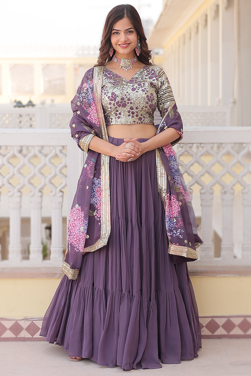 Georgette Sequins Embroidered Light Purple Flared Lehenga LLCV119064