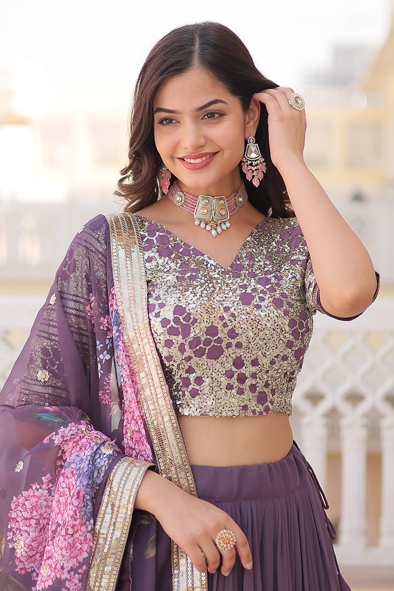 Georgette Sequins Embroidered Light Purple Flared Lehenga LLCV119064