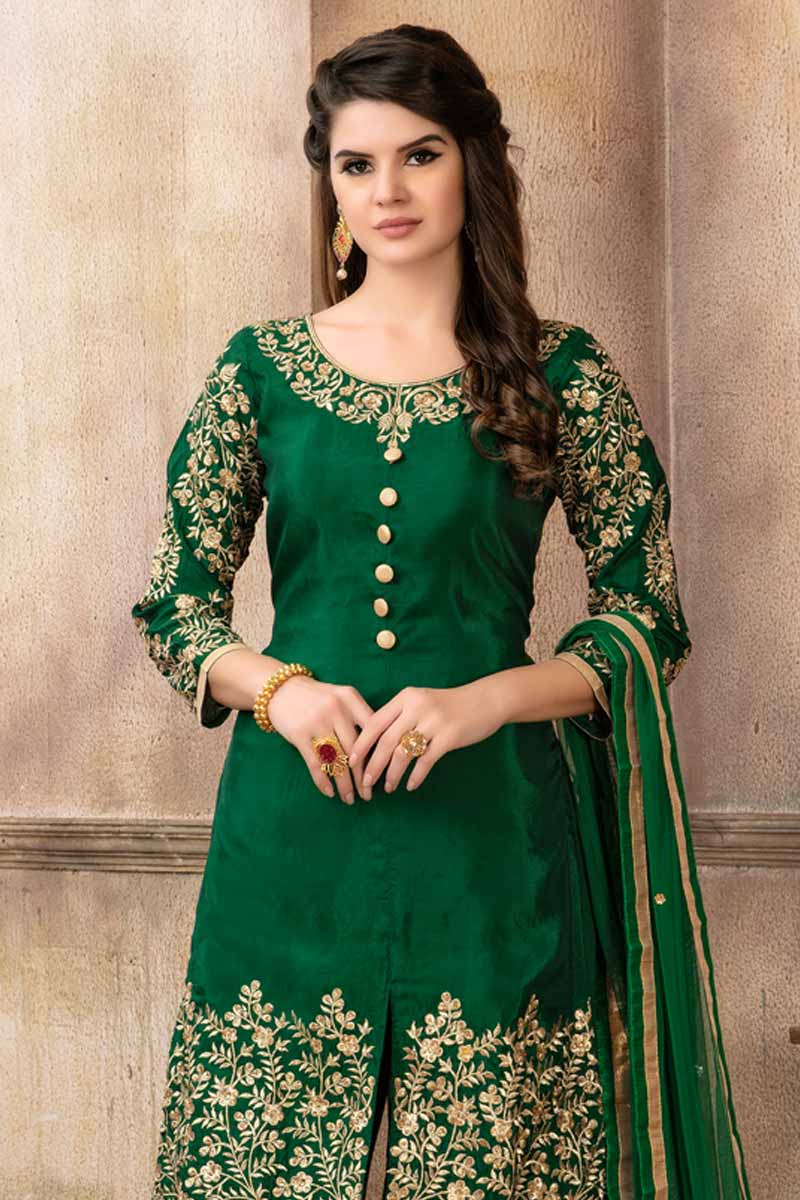 Buy Resham Embroidered Silk Green Sharara Suit Online - lstv01343 ...