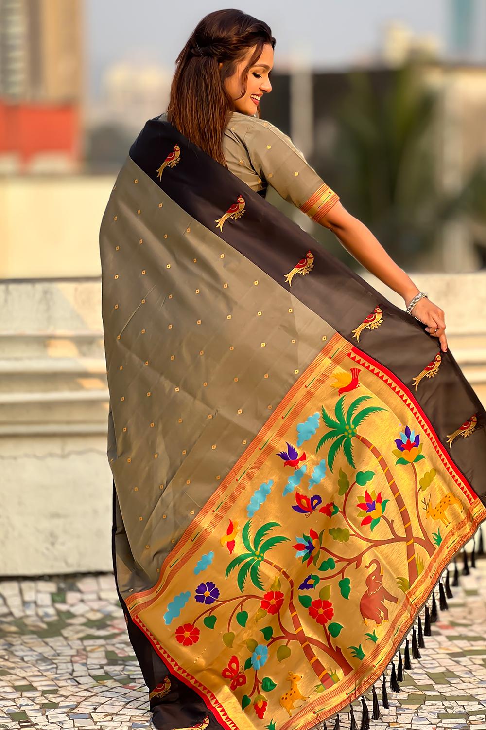 Grey Beige Soft Silk Paithani Style Weaved Saree For Wedding - SARV1105178