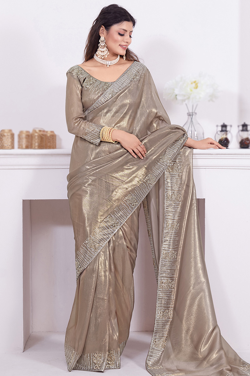 Grey Beige Tissue Stone Embellished Shimmer Saree SARV174137