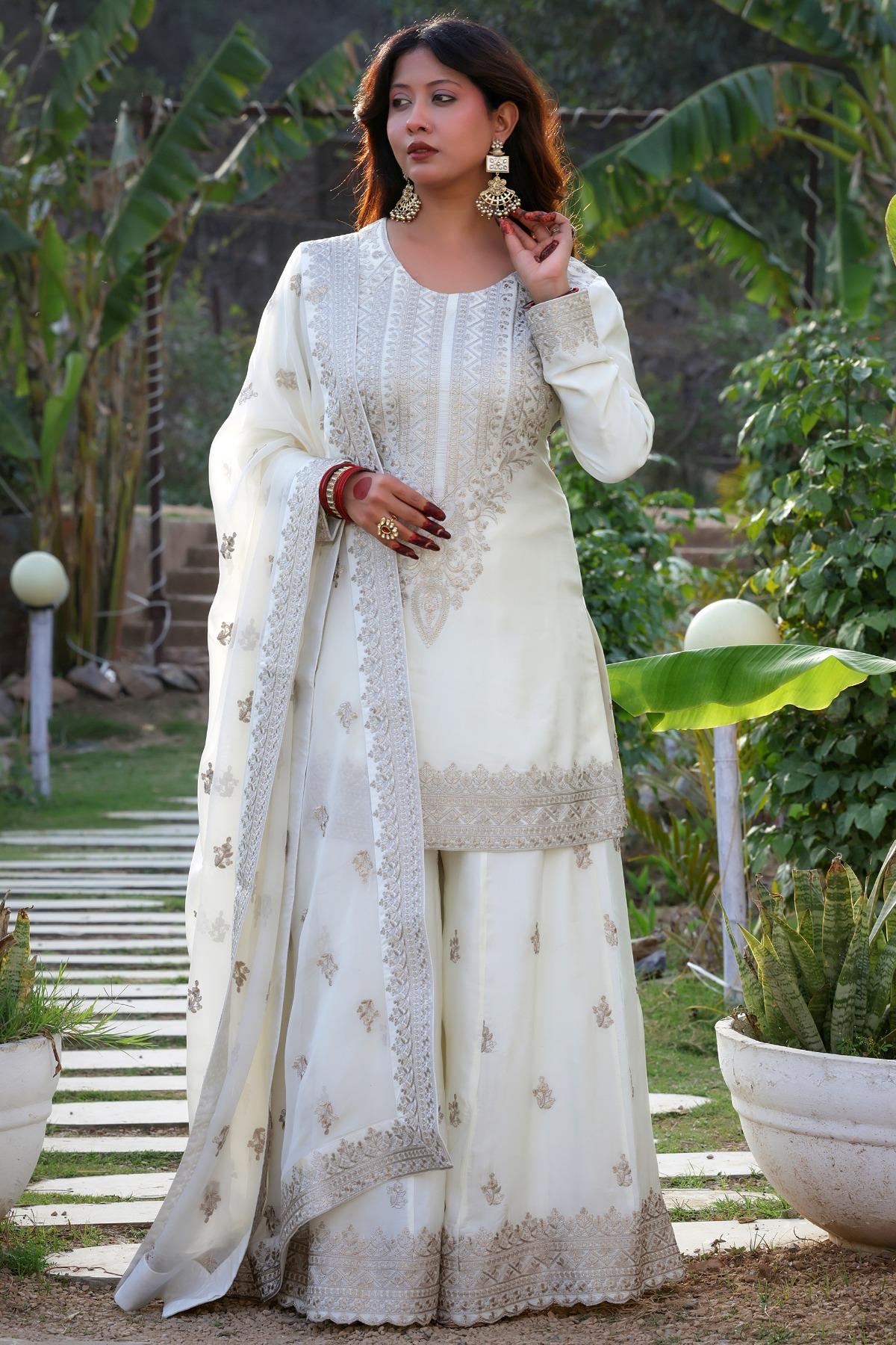 White Satin Wedding Wear Straight Cut Sharara Suit with Zari Embroidery ...