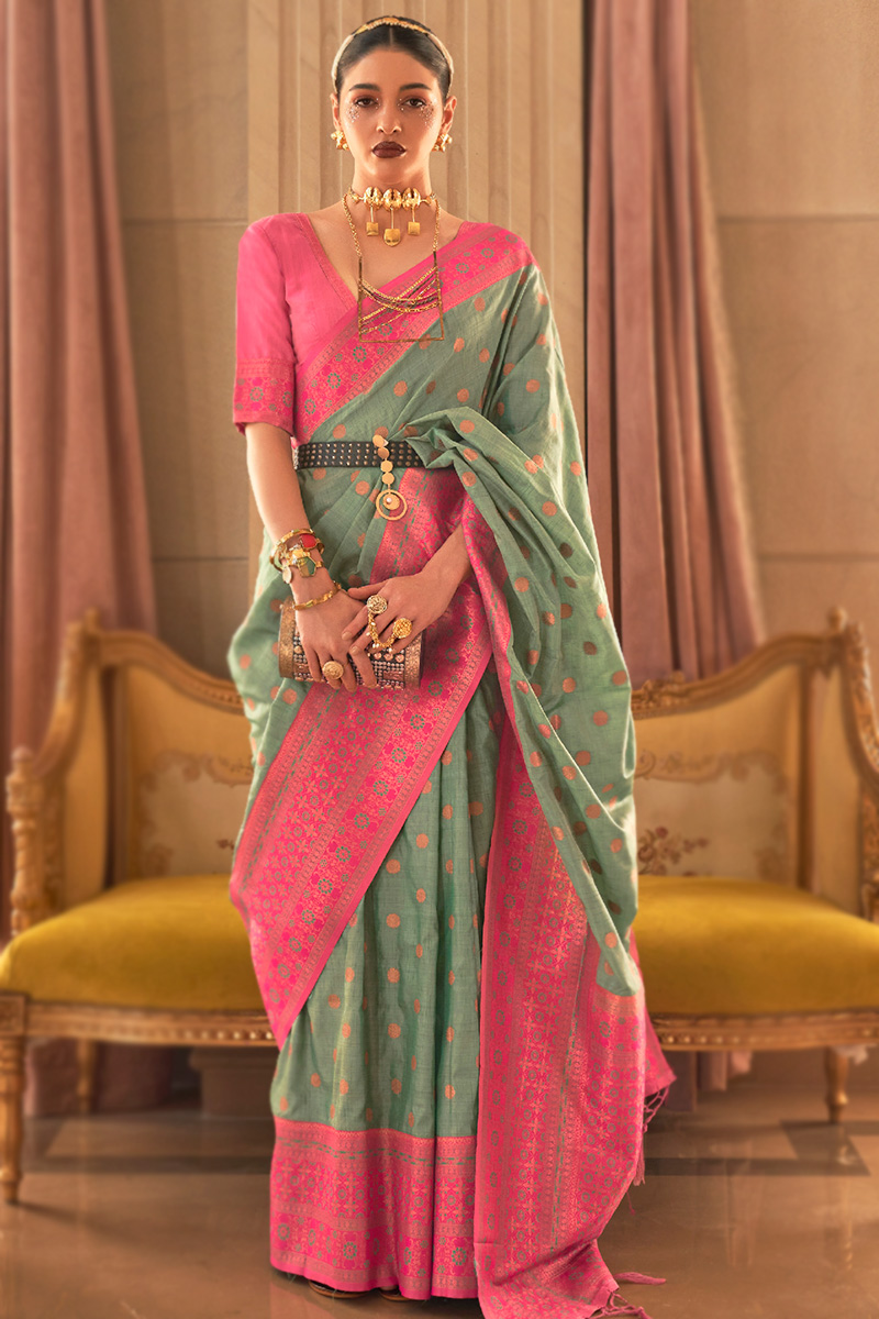 Handloom Broad Border Moss Green Weaved Zari Silk Saree SARV159829