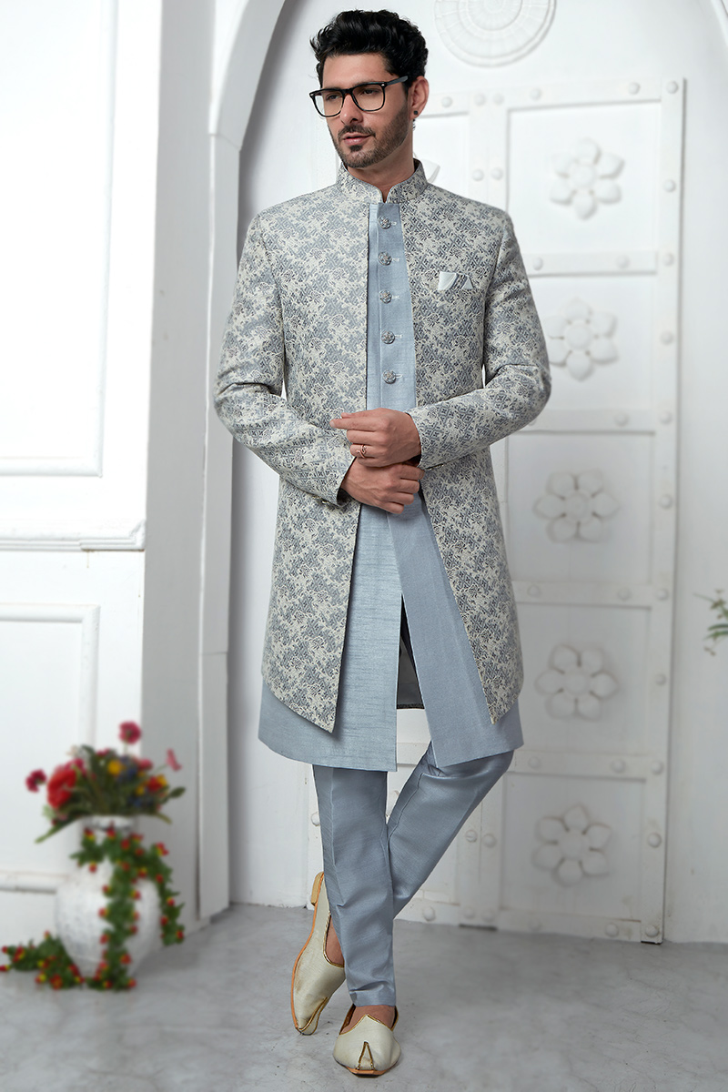Jacquard Dusty Blue Weaved Jacket Style Men's Sherwani MSTV03574