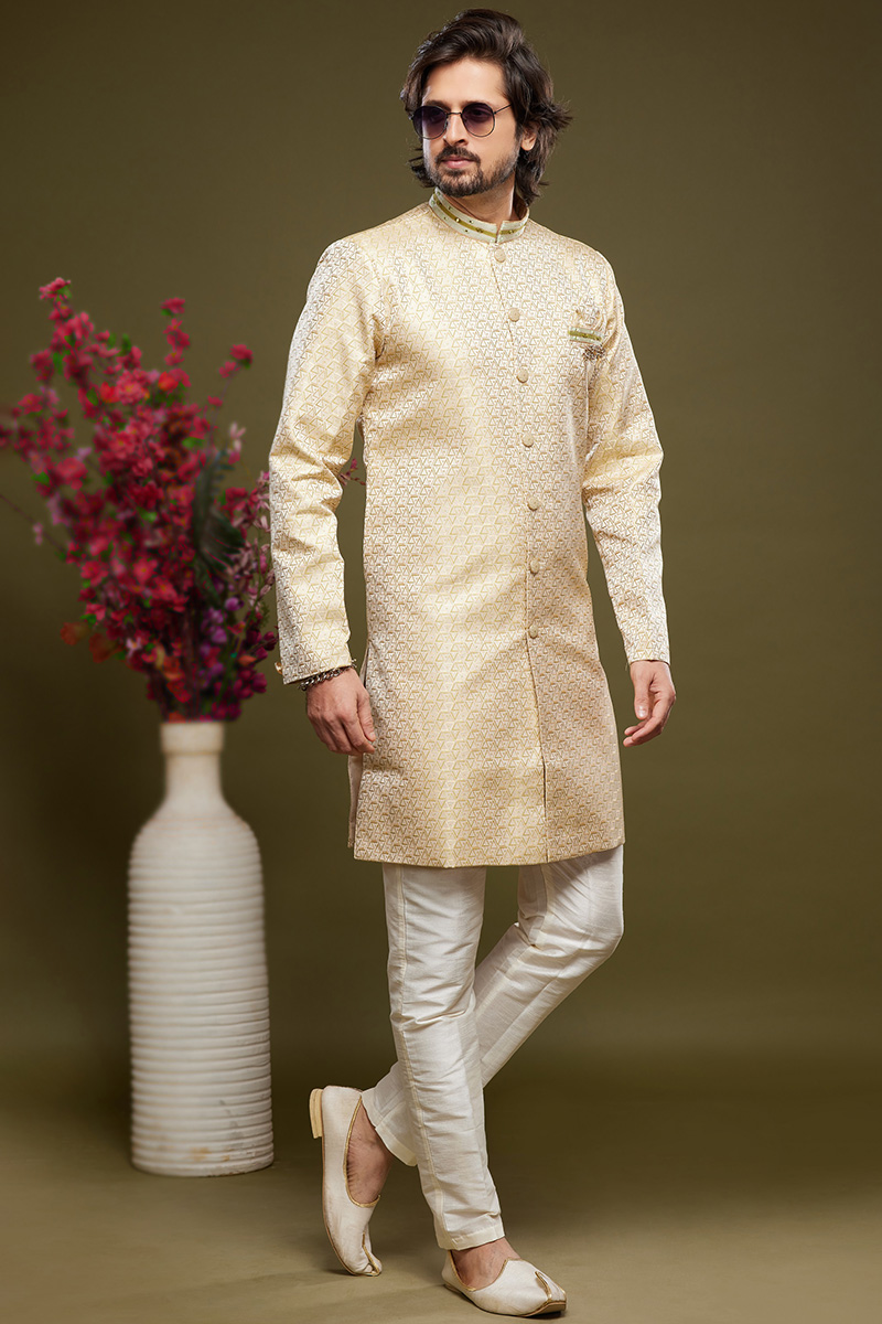 Jacquard Oat Beige Woven Zari Front Slit Men's Sherwani MSTV03157