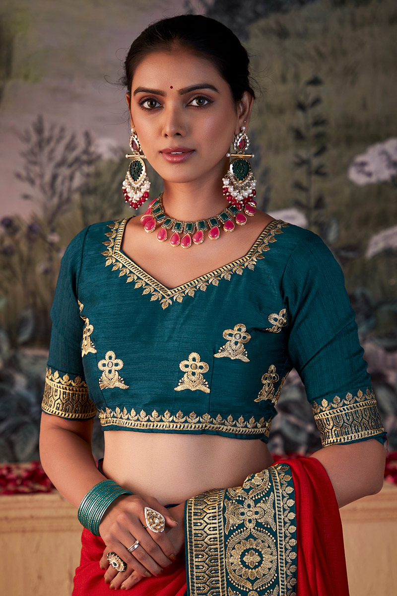 Lace Embroidered Silk Cherry Red Light Weight Saree SARV179014