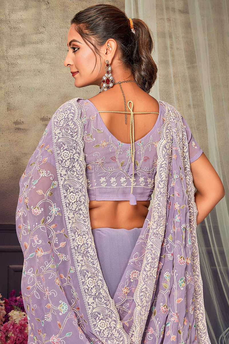 Lavender Purple Georgette Resham Thread Embroidered Saree |SARV168229