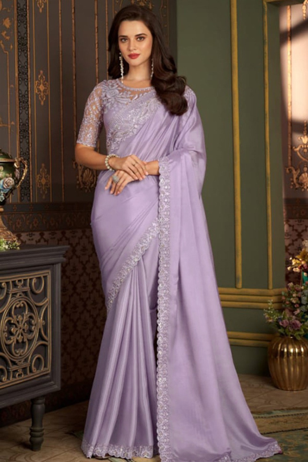 Lavender Purple Sequins Embroidered Wedding Wear Silk Saree SARV171206