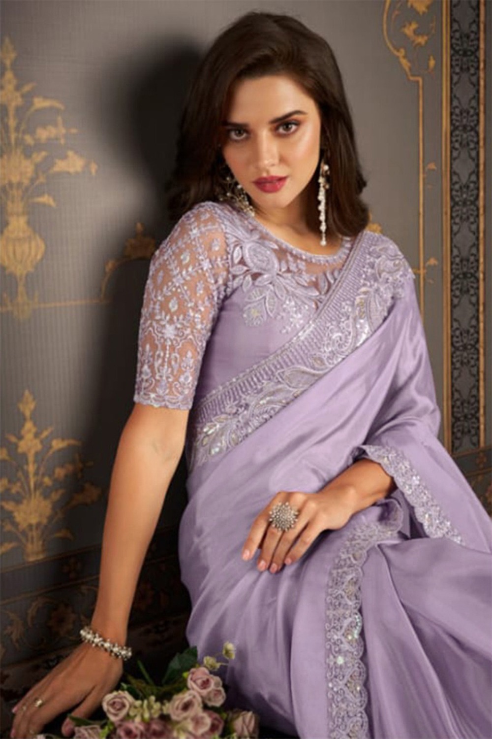 Lavender Purple Sequins Embroidered Wedding Wear Silk Saree SARV171206
