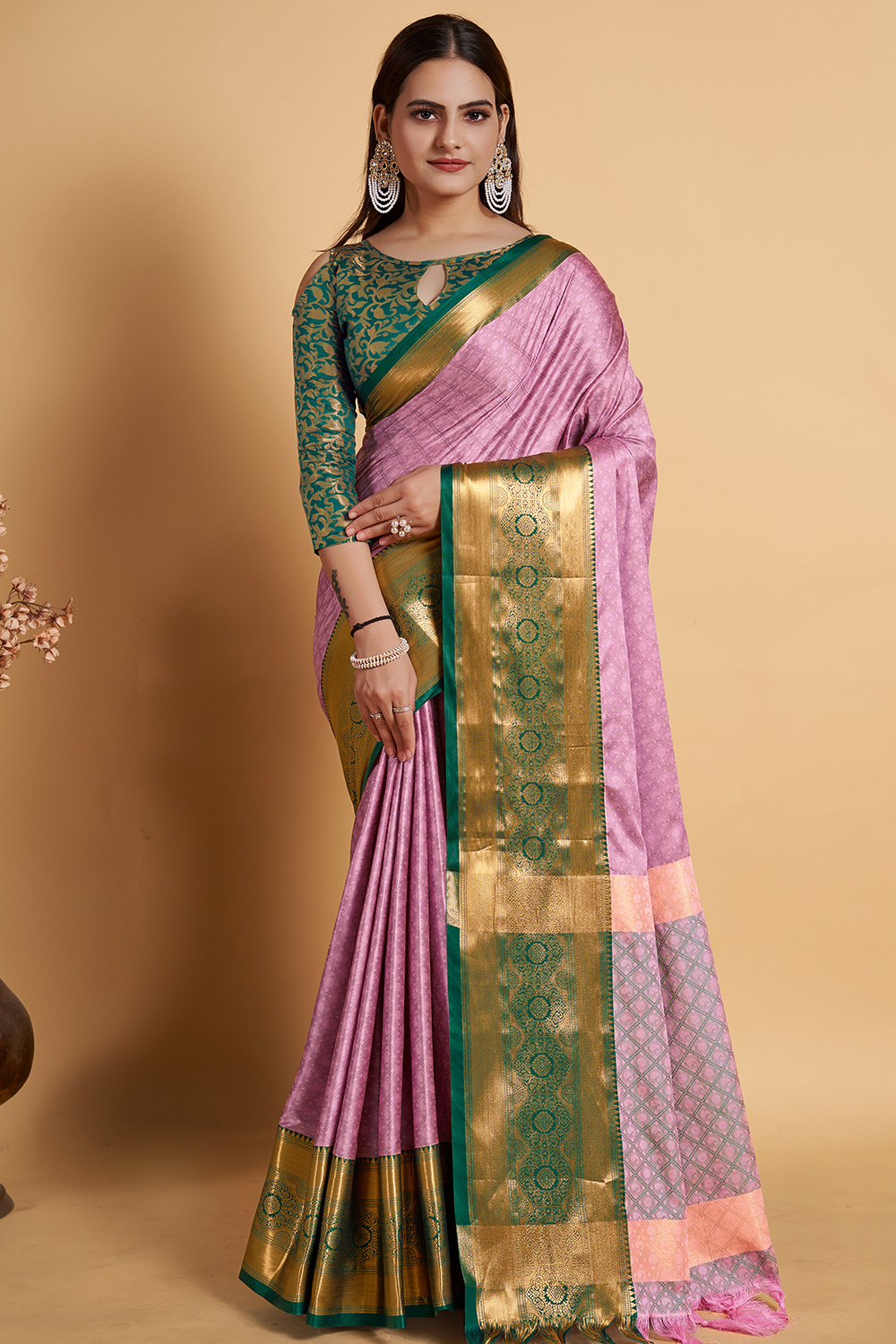 Lavender Pink Silk Woven Zari Broad Border Saree SARV184809
