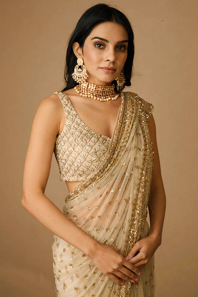 Light Beige Net Sequins Embroidered Cocktail Saree SARV167373