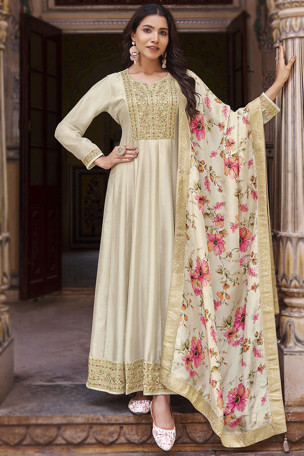 Light Beige Silk Patch Embroidered Anarkali Suit LSTV130326