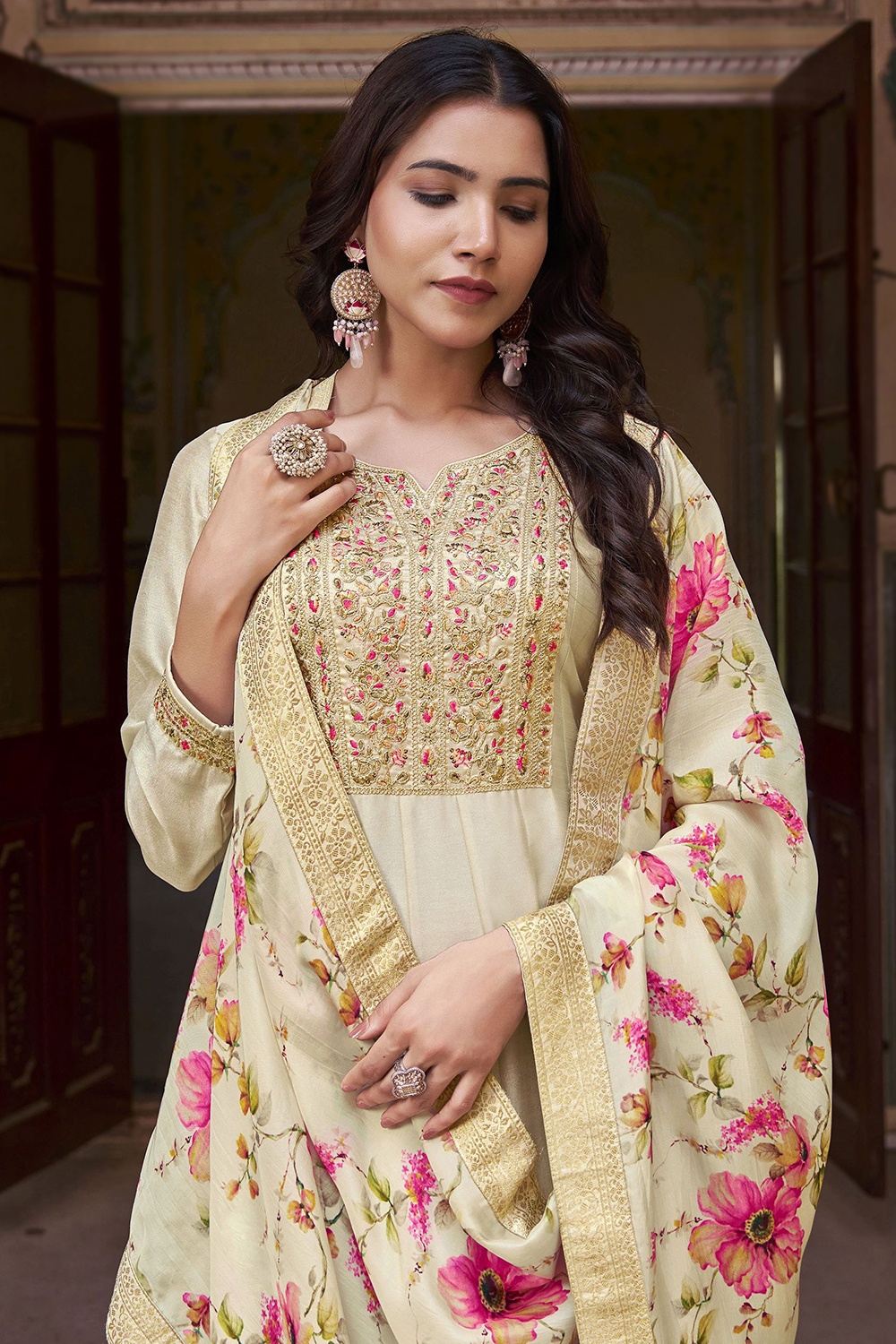 Light Beige Silk Patch Embroidered Anarkali Suit LSTV130326