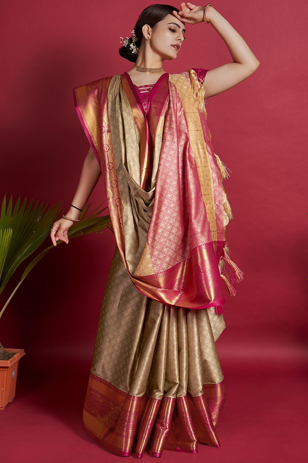 Light Beige Silk Woven Zari Broad Border Saree SARV184811