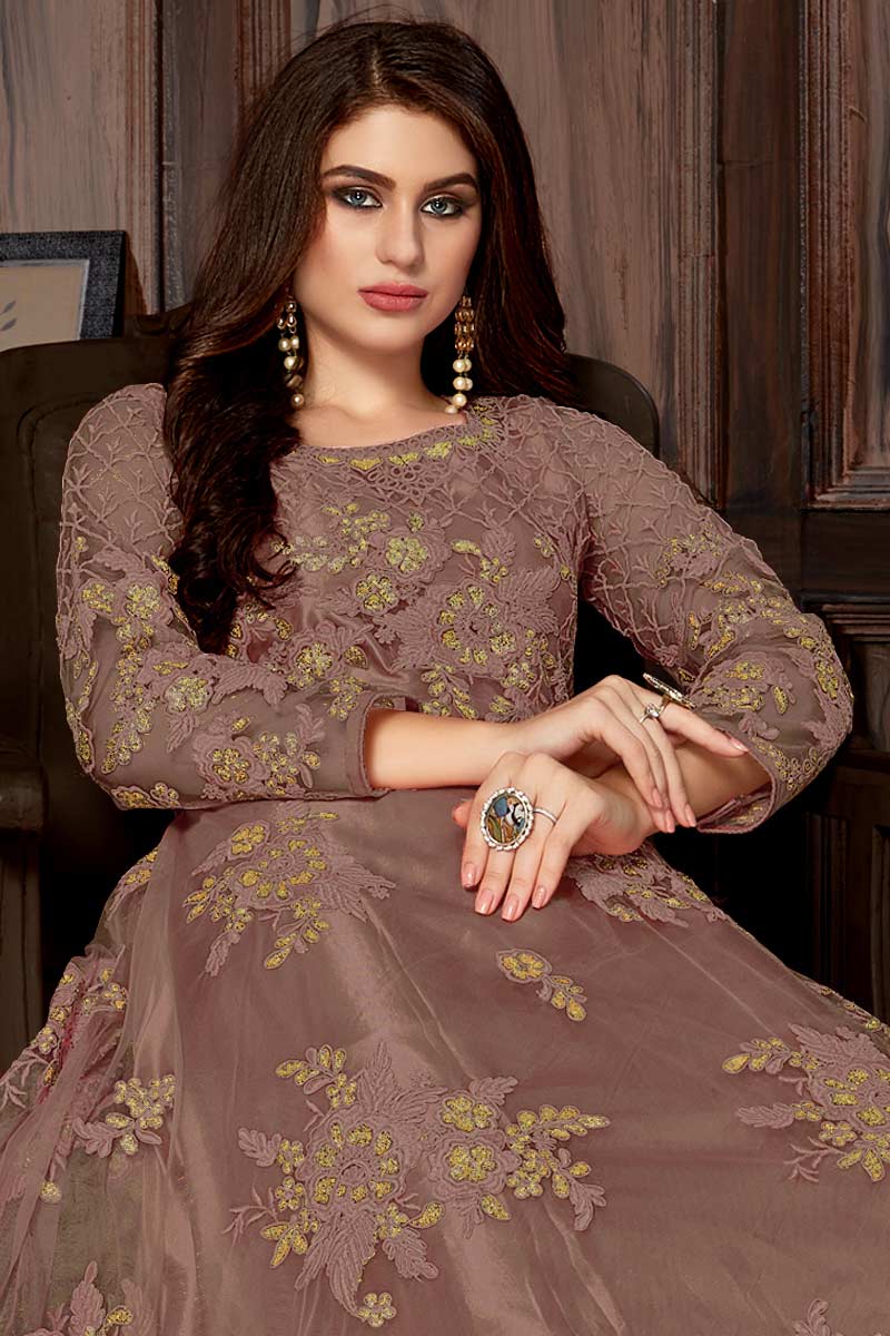 Buy Light Brown Organza Embroidered Anarkali Suit Online - LSTV03539 ...