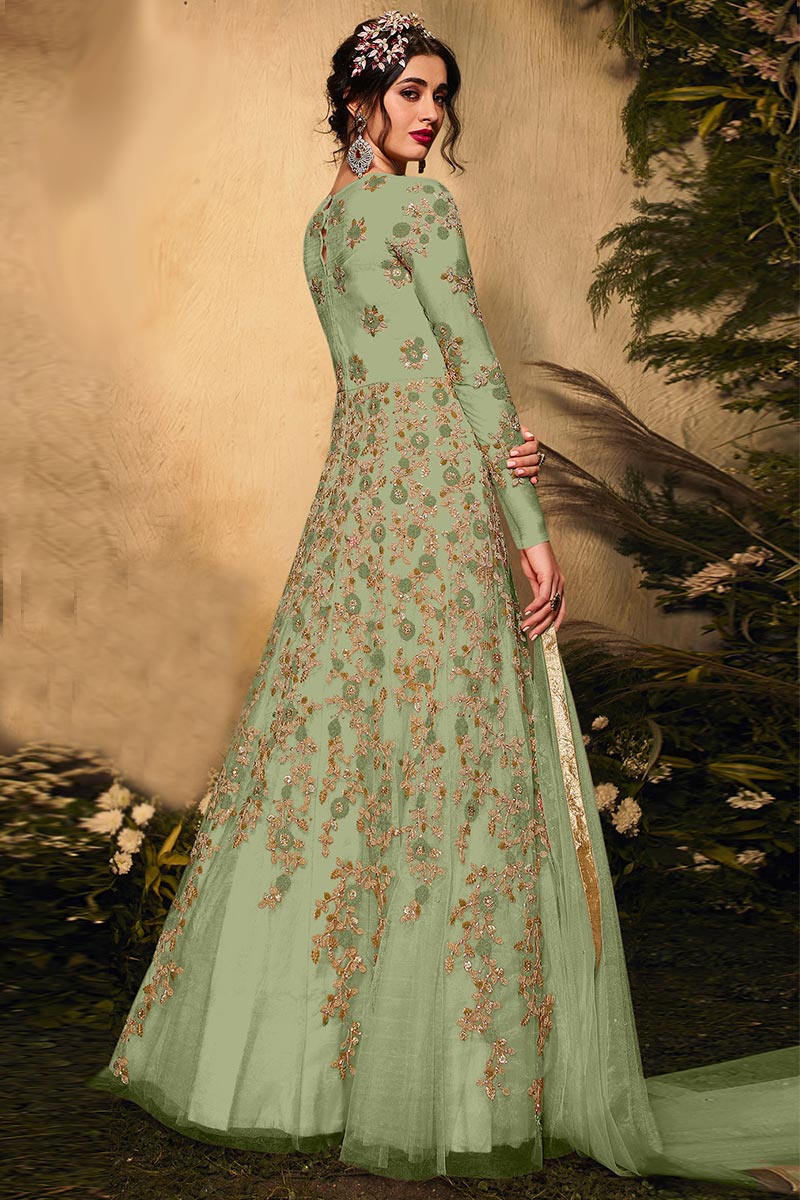 Eid Light Green Thread Embroidered Anarkali Suit LSTV111228