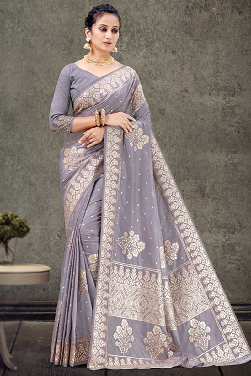 Fashion Outfits Light Grey Soft Silk Indian Saree|SARV117362