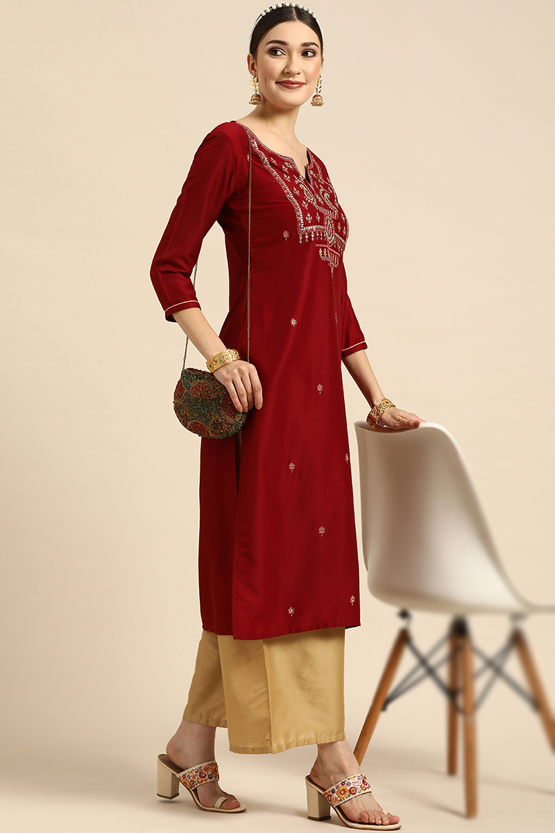 Buy Gorgeous Light Maroon Cotton Rayon Straight Cut Kurti LKV002044