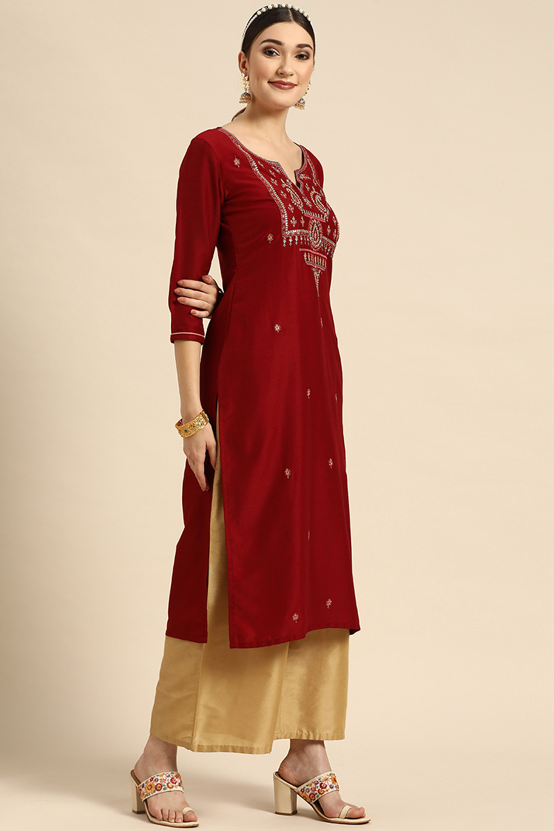Buy Gorgeous Light Maroon Cotton Rayon Straight Cut Kurti LKV002044
