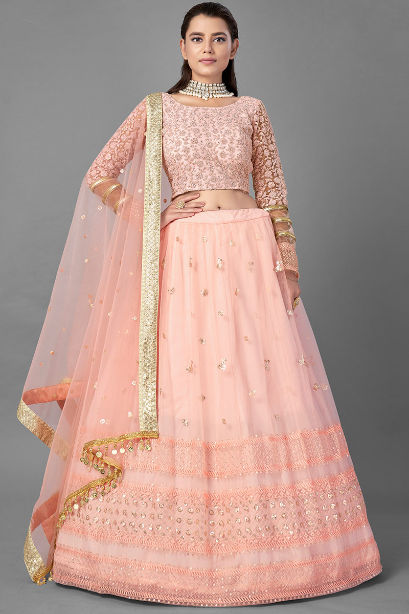 Online Fashion Boutiques Thread Embroidered Light Pink Lehenga LLCV08859