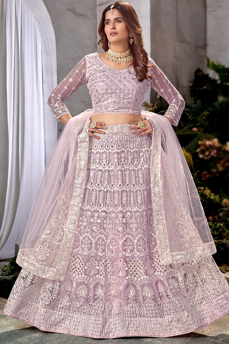 Buy Light Purple Net Embroidered A-line Lehenga LLCV117712